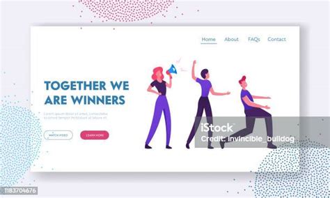 팀워크 협력 웹사이트 방문 페이지 메가폰 웹 페이지 배너에 울고 여성 지도자의 관리하에 손으로 행 몸짓에 서있는 사람들의 그룹 만화 플랫 벡터 일러스트 개념에 대한 스톡