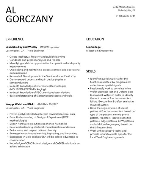 Yield Engineer Resume Samples Velvet Jobs