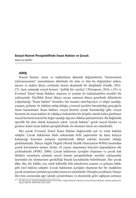 PDF Sosyal Hizmet Perspektifinde İnsan Hakları ve Çocuk