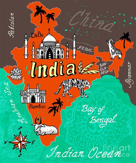 Illustrated Map Of India Digital Art By Daria I Pixels