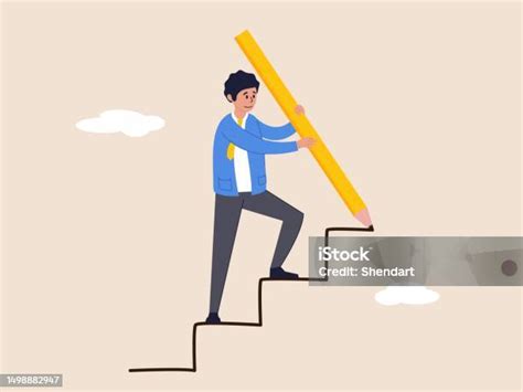 경력 경로 성취 개념입니다 성공적인 사업 개발 사업 목표에 도달하기 위한 전략 똑똑한 사업가는 거대한 연필을 사용하여 올라가는 계단을 그리고 사다리를 오르는 것을 걷습니다