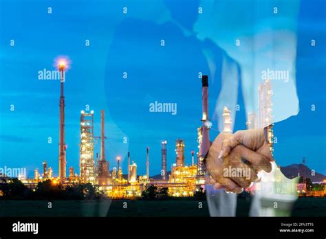 Double Exposure Man Survey Oil Refiery Plant And Chemical Plant In
