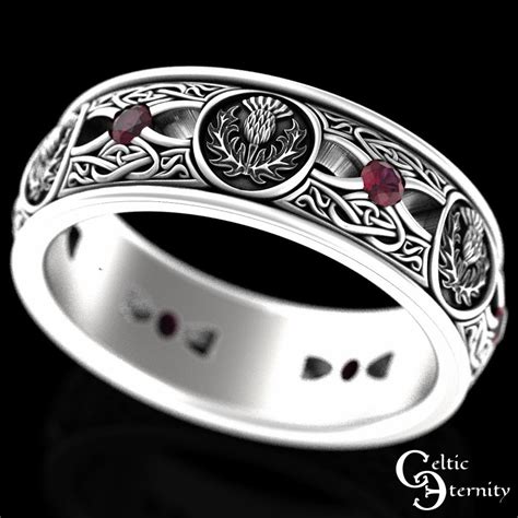 Sterling Thistle Ring Ruby Thistle Wedding Band Mens Scottish Wedding