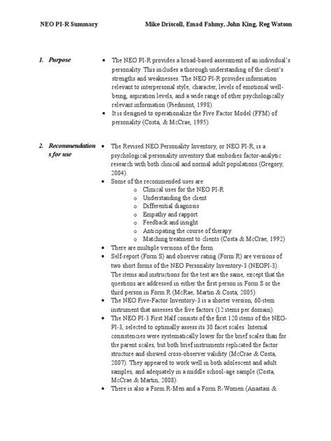 Neo Pi Summary Behavioural Sciences Psychology And Cognitive Science