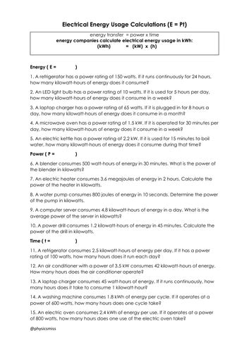 Electrical Energy Usage E Pt Kwh Calcualtions Worksheet W Solutions
