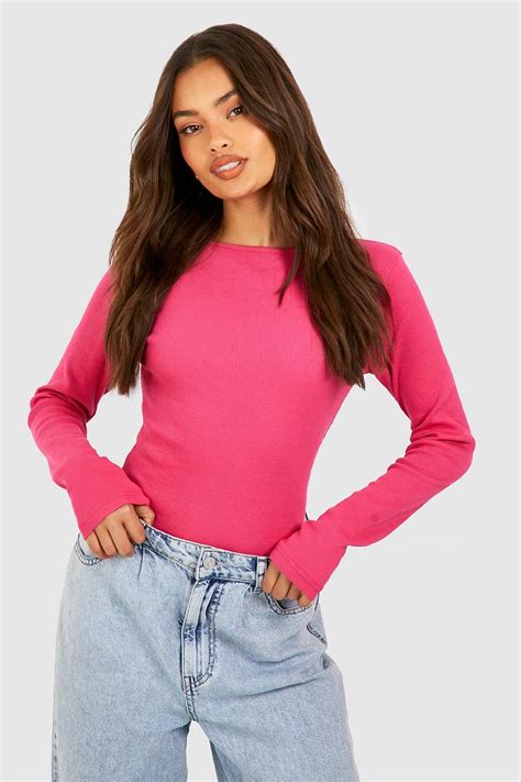 Pink Basic Rib Crew Neck Long Sleeve Bodysuit Boohoo Uk