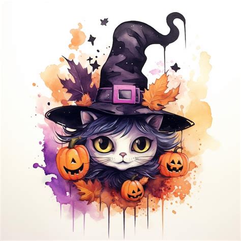 There Is A Cat Wearing A Witch Hat And Pumpkins Generative Ai Premium