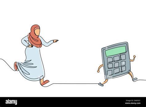Single One Line Drawing Arab Businesswoman Chasing Calculator Equipment For Accounting Service Single One Line Drawing Arab Businesswoman Chasing Calculator Equipment For Accounting Service