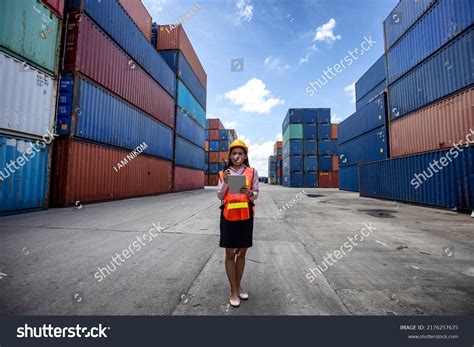 Woman Working Laptop Cargo Container Containers Stock Photo Shutterstock