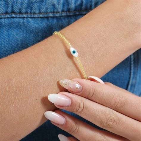 Pulseira Nylon Prata 925 Olho Grego Oval Cristal Amarelo