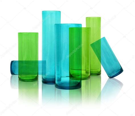 Modern Colored Glass Vases Row White Reflective Background Stock
