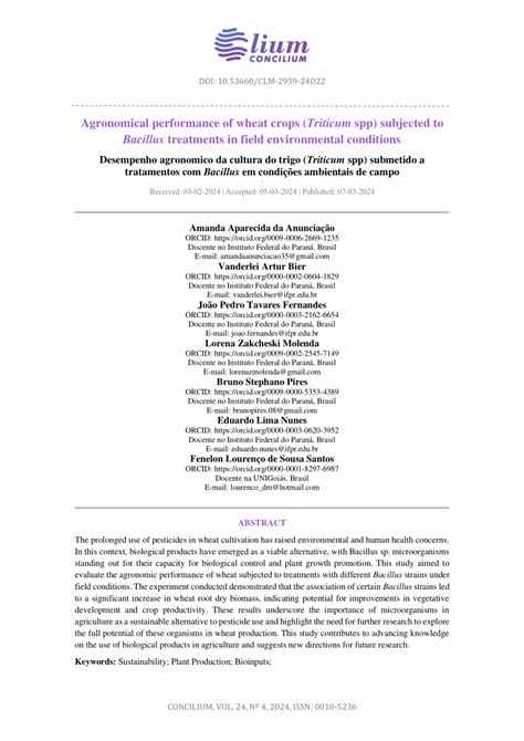 Pdf Agronomical Performance Of Wheat Crops Triticum Spp Subjected To Bacillus Treatments In
