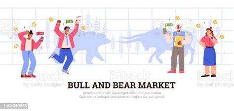 황소와 곰 시장 개념 상인은 돈을 얻고 잃고 텍스트가있는 배너 플랫 벡터 일러스트레이션 Stock Market Crash에 대한
