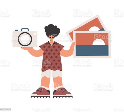 그 사람은 카메라와 사진을 손에 들고 있습니다 흰색 기초에 강요 트렌디한 스타일 벡터 일러스트레이션 가정의 방에 대한 스톡 벡터 아트 및 기타 이미지 Istock