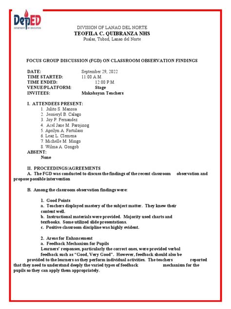 Sample Fgd Minutes Pdf Learning Teachers