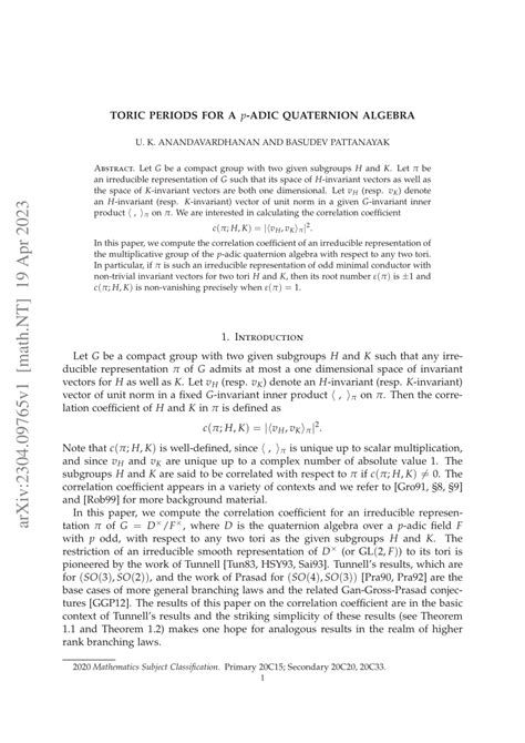 Pdf Toric Periods For A P Adic Quaternion Algebra