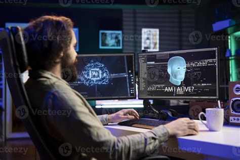 Man Being Asked Existential Questions By Awaken Ai On Desktop Pc Gaining Consciousness