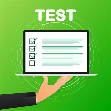 Laptop With Online Exam On Green Background Vector Illustration