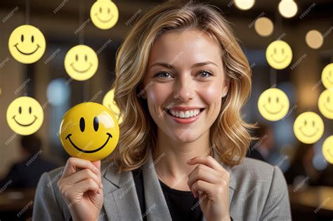 Woman Holding Smiley Face Positive Cheerful Happy Attitude Premium Ai