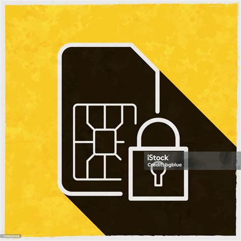 자물쇠가있는 Sim 카드 질감이 있는 노란색 배경에 긴 그림자가 있는 아이콘 Brand Name Smart Phone에 대한