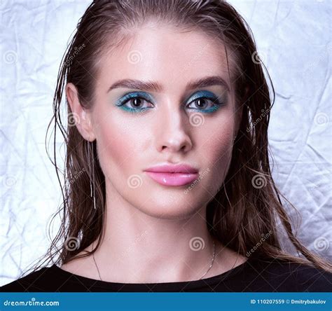 Closeup Portrait Of Beautiful Young Woman With Wet Hair Bright Lips