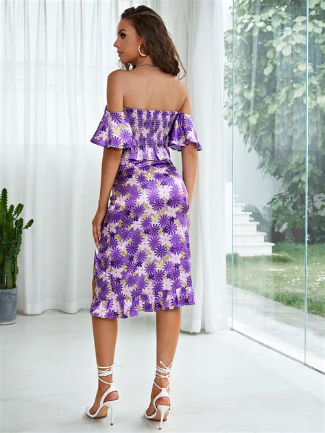 Sara Cennamo Allover Floral Print Off Shoulder Shirred Crop Top And Split