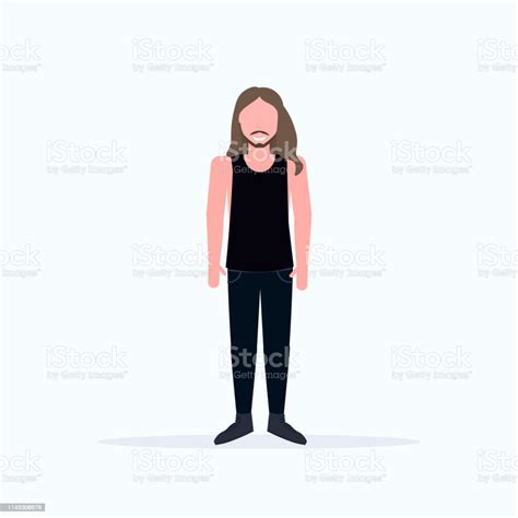 행복 한 긴 머리 남자 서 포즈 웃는 남자 입고 유행 옷 남성 만화 캐릭터 전체 길이 평면 흰색 배경 개념에 대한 스톡 벡터 아트 및 기타 이미지 Istock