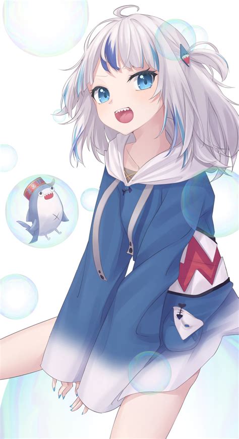 Safebooru 1girl Absurdres Ahoge Bare Legs Between Legs Bloop Gawr Gura Blue Eyes Blue Hair