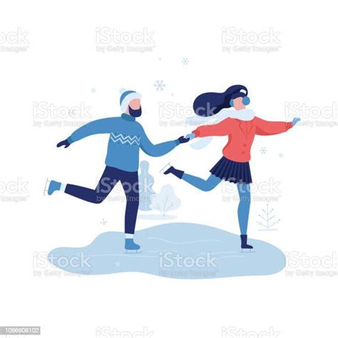 젊은 커플 겨울 공원에서 스케이트 영역 벡터 평면 그림 흰색 배경에 고립 된 나머지 사람들이 겨울 활동 개념 배너 엽서 포스터