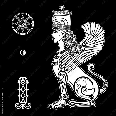 Animation Drawing Sphinx Woman With Lion Body And Wings Character In