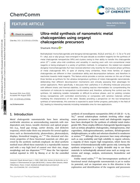 Pdf Ultra Mild Synthesis Of Nanometric Metal Chalcogenides Using