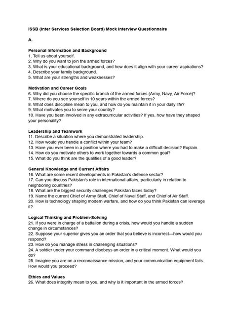 Issb Inter Services Selection Board Mock Interview Questionnaire Pdf