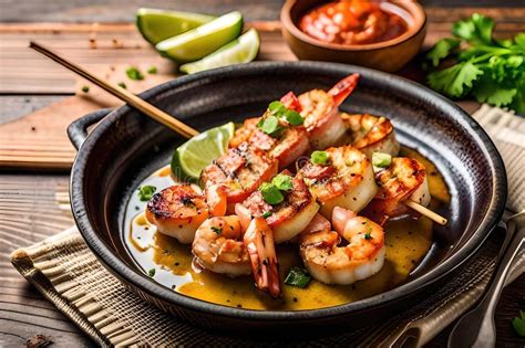 Sizzling Plate Of Grilled Shrimp Skewers With A Tangy Garlic And Lemon