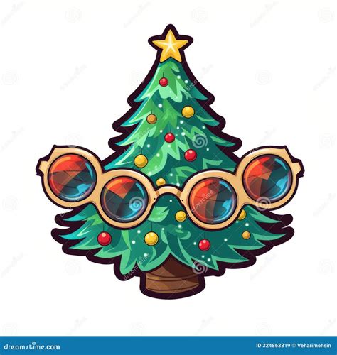 Groovy Hippy Glasses With Christmas Tree Vector Illustration Cartoon