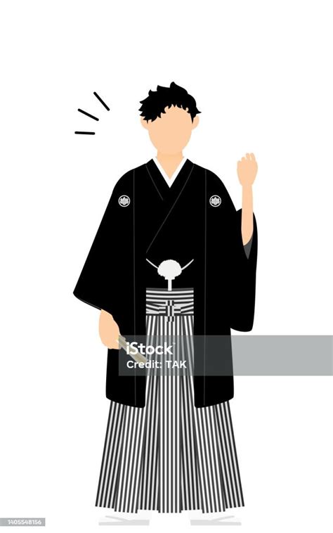 볏이있는 하카마를 입은 기모노에있는 남자가 배짱의 포즈를 취합니다 Seijin No Hi에 대한 스톡 벡터 아트 및 기타 이미지
