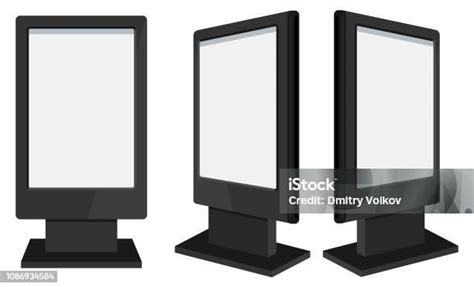 고립 된 빈 검은 간판의 3d 렌더링입니다 빈 대화형 야외 키오스크입니다 고립 된 흰색 바탕에 빈 발광 스크린 배너의 3d 렌더링 0명에 대한 스톡 벡터 아트 및 기타