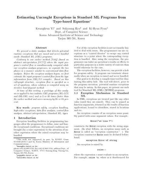 Pdf Estimating Uncaught Exceptions In Standard Ml Programs Fromtype