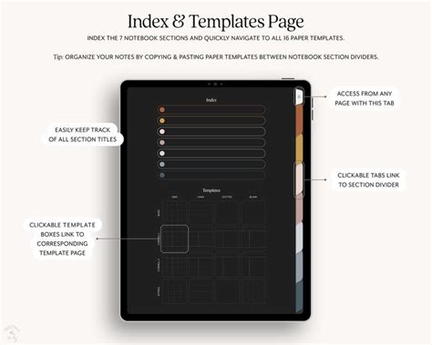 Dark Mode Digital Notebook 7 Hyperlinked Tabs Minimalist Portrait