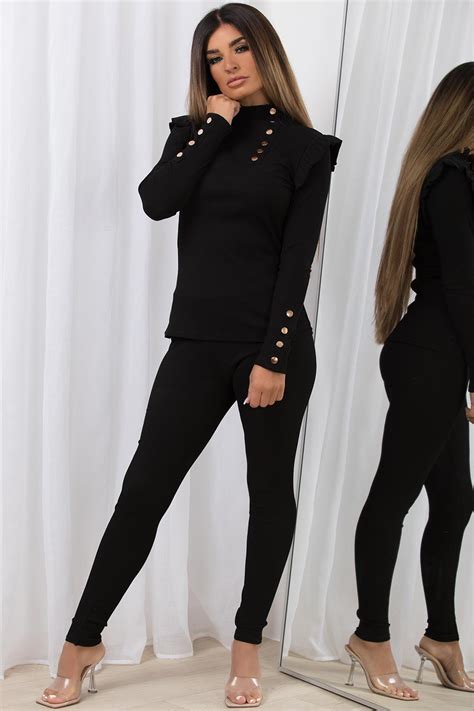 Ribbed Lounge Set With Gold Buttons And Frill Shoulder Black Co Ord