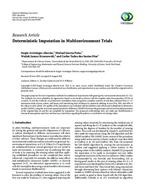 Pdf Deterministic Imputation In Multienvironment Trials