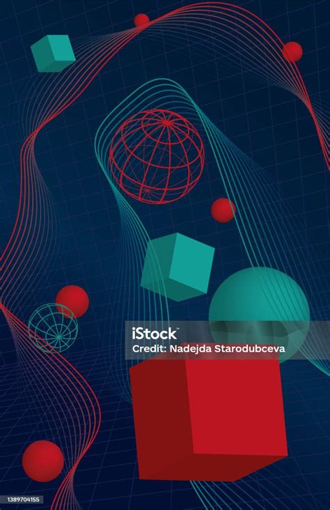 떠있는 밝은 기하학적 개체와 리본이있는 어두운 파란색 배경 물리학에 대한 스톡 벡터 아트 및 기타 이미지 물리학 개념 개념과 주제 Istock