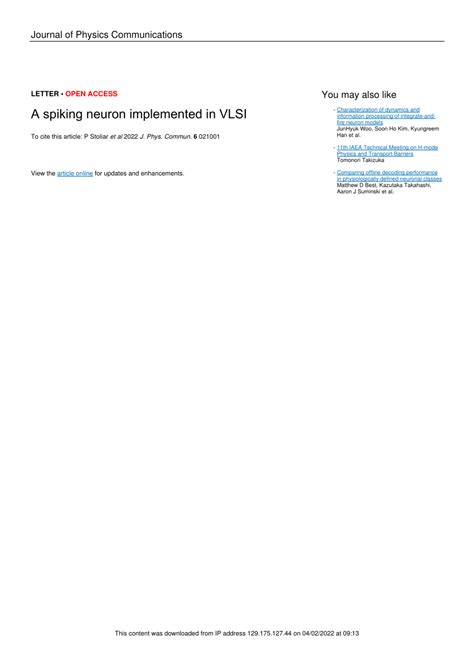 Pdf A Spiking Neuron Implemented In Vlsi