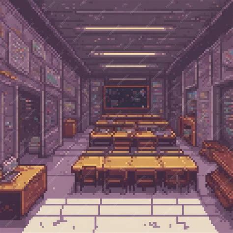 Pixel Art Depicting A Vintage Classroom Setting With Desks And Chairs