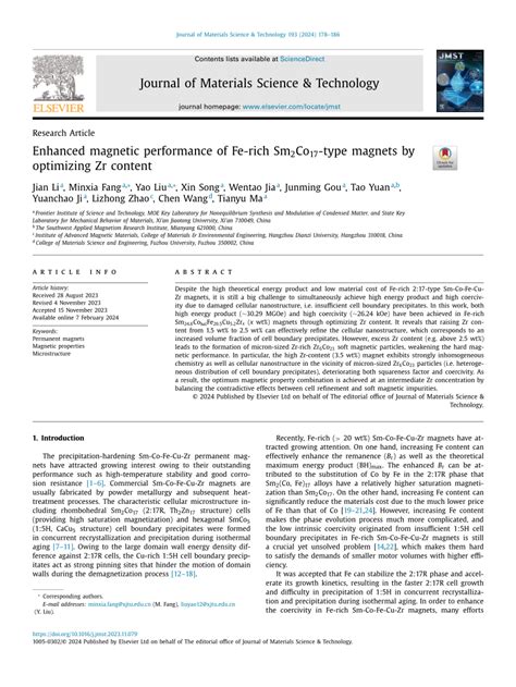 Pdf Enhanced Magnetic Performance Of Fe Rich Sm2co17 Type Magnets By Optimizing Zr Content