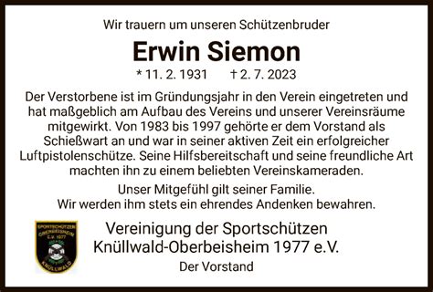 Traueranzeigen Von Erwin Siemon Trauer HNA De