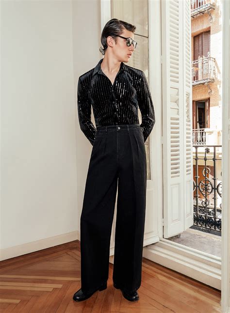 Black Denim Pleated Wide Leg Buckle Flare Jean And Phix