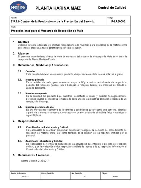 P Lab 003 Muestreo Recepción De Maiz Pdf Laboratorios