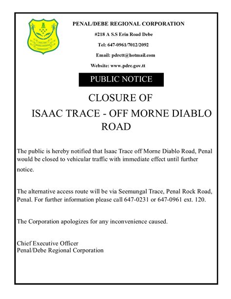 Public Notice Closure Of Isaac Trace Off Morne Diablo Road Penal