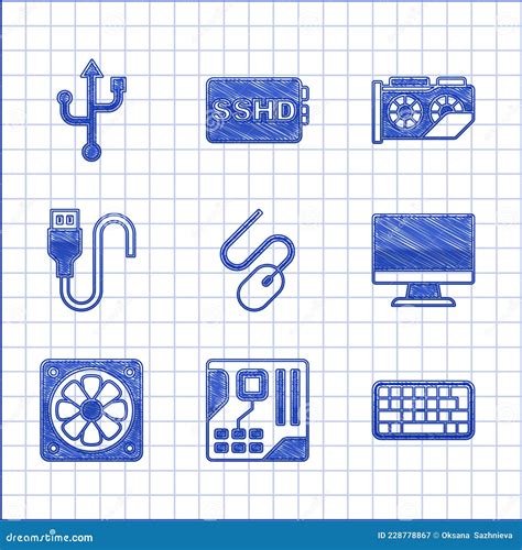 Set Computer Mouse Motherboard Digital Chip Keyboard Monitor Screen Cooler Usb Cable Cord