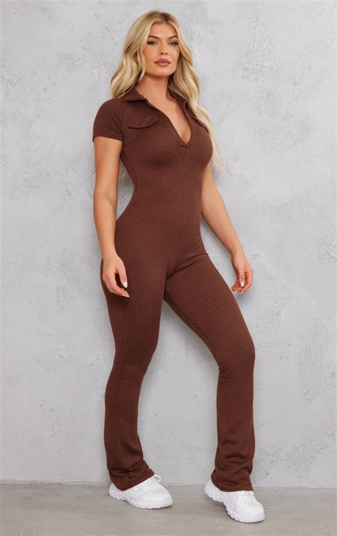 Chocolate Rib Pocket Plunge Short Sleeve Jumpsuit Jumpsuits And Rompers